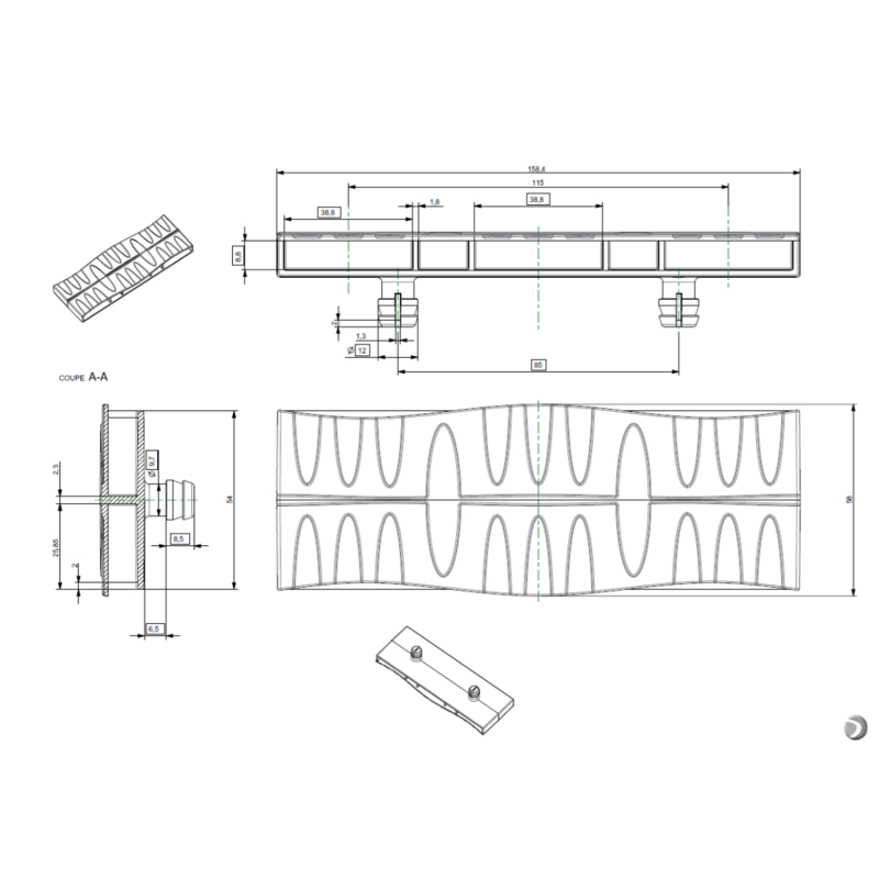 Plastic clip-on triple central slat fittings of 38x8mm | Spot Literie